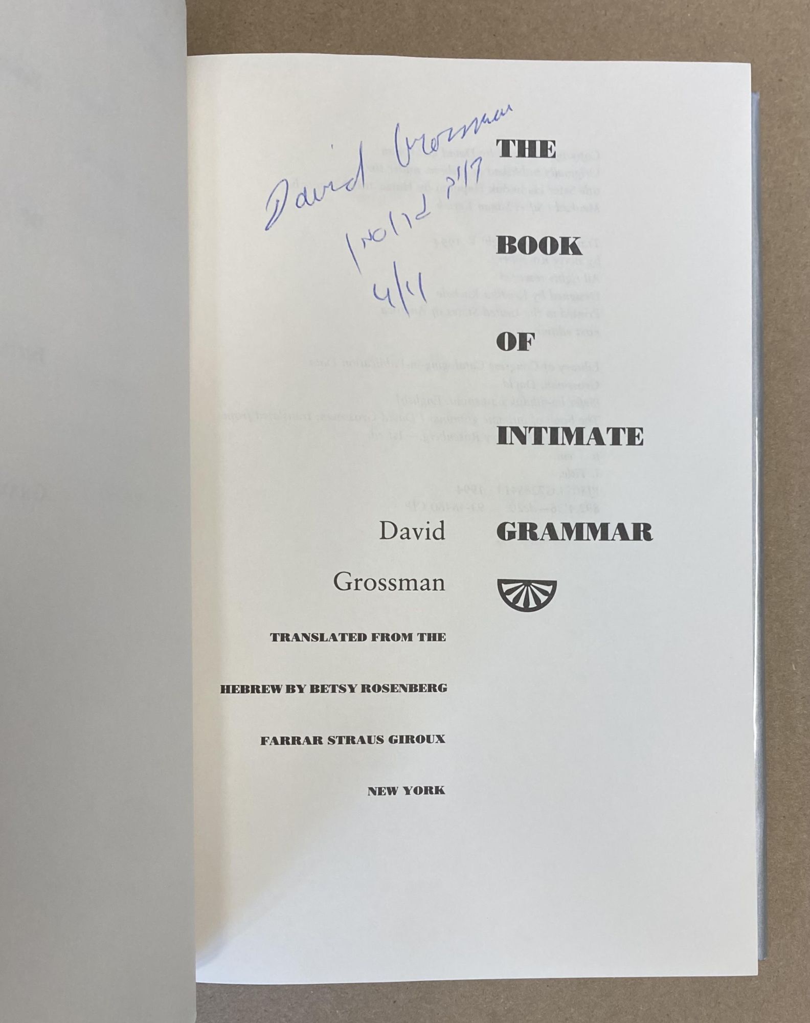 The Book of Intimate Grammar by Grossman, David; Rosenberg, Betsy ...