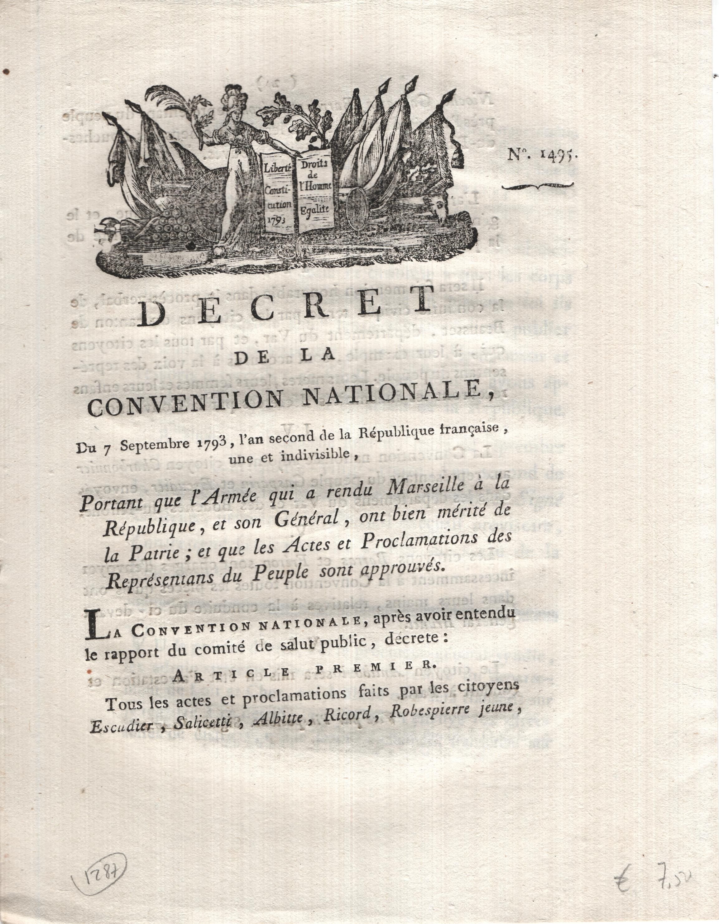 Décret de la Convention nationale, du 7 septembre 1793, l'an second de ...