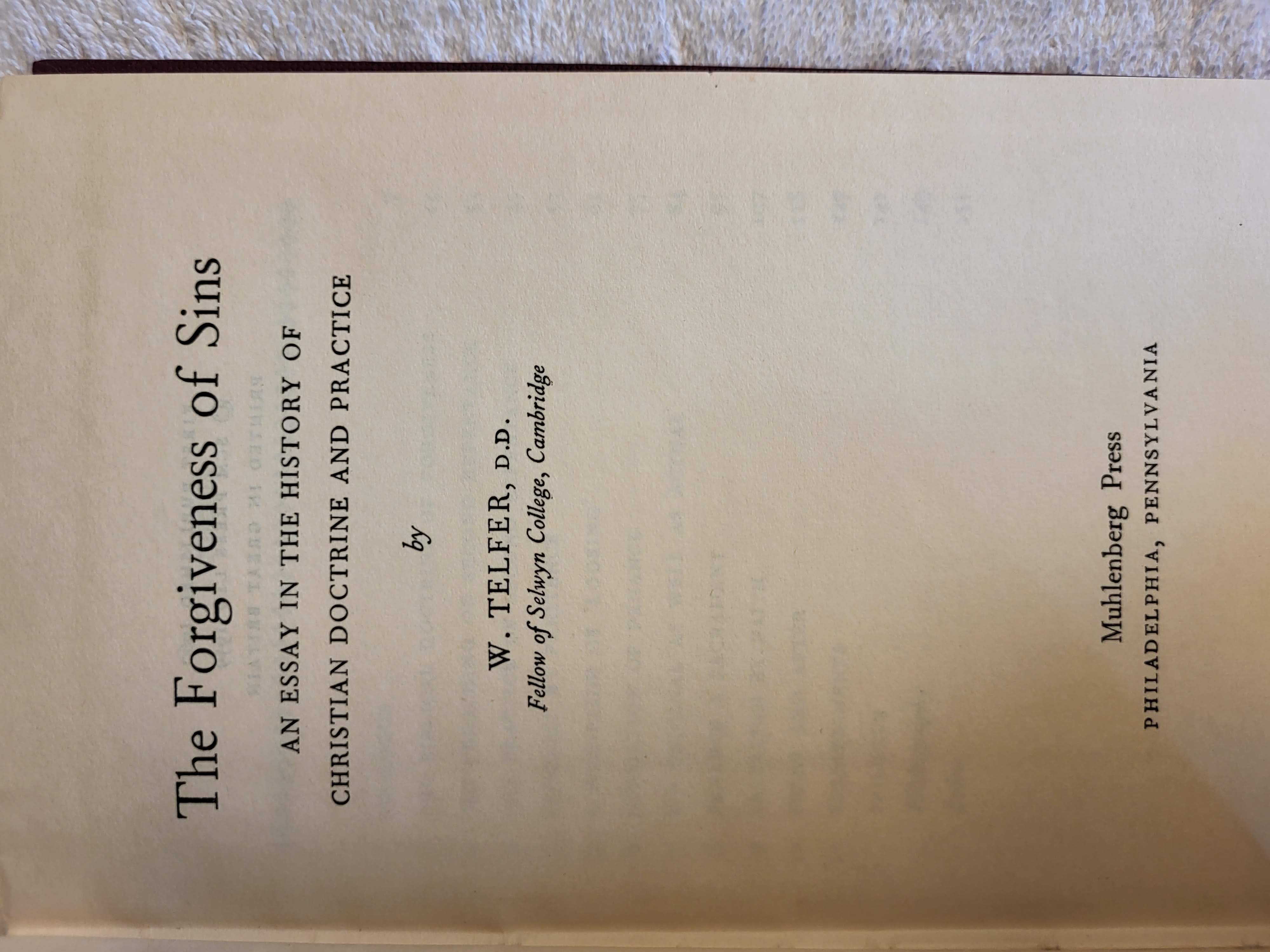 The Forgivemness of Sins by W. Telfer: Good Hardcover (1960) | Vincent ...