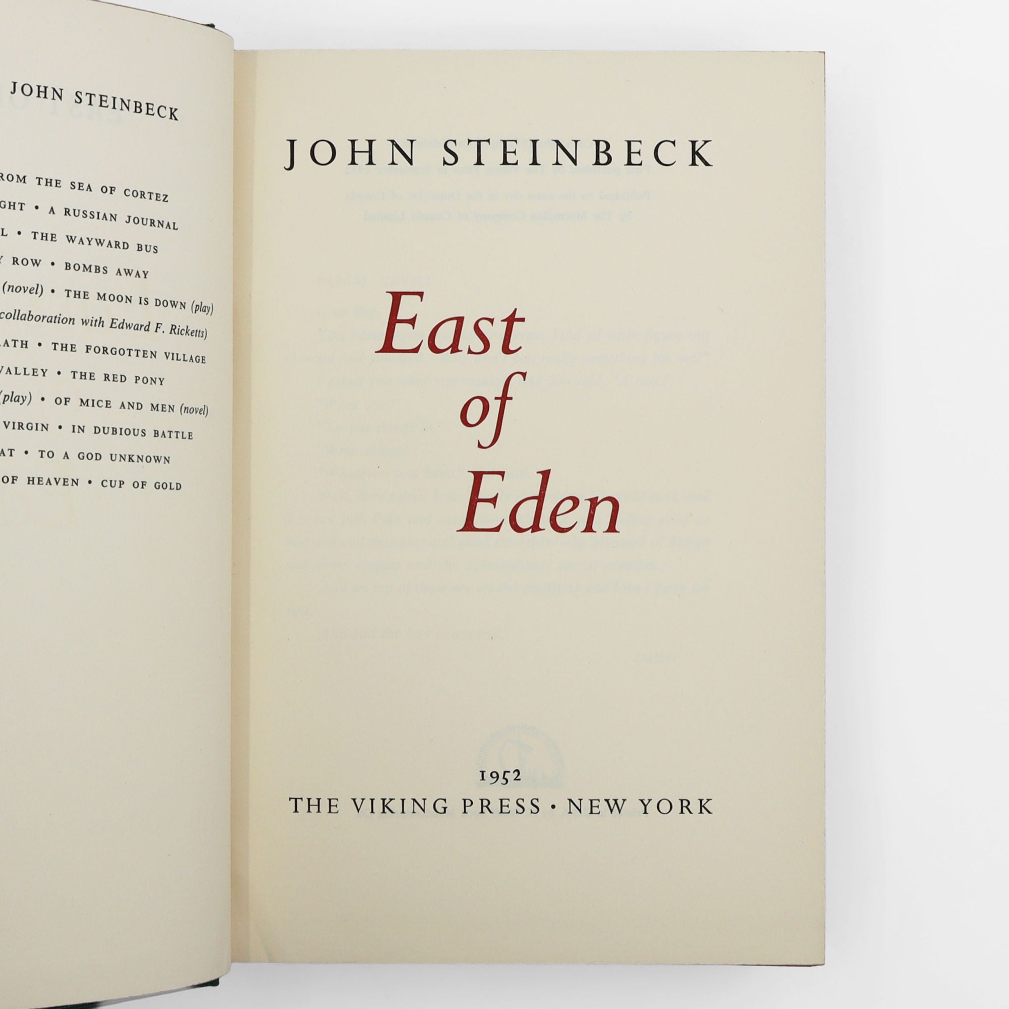 East of Eden by Steinbeck, John: [viii], 602 pp. 1 vols. 8vo (1952 ...