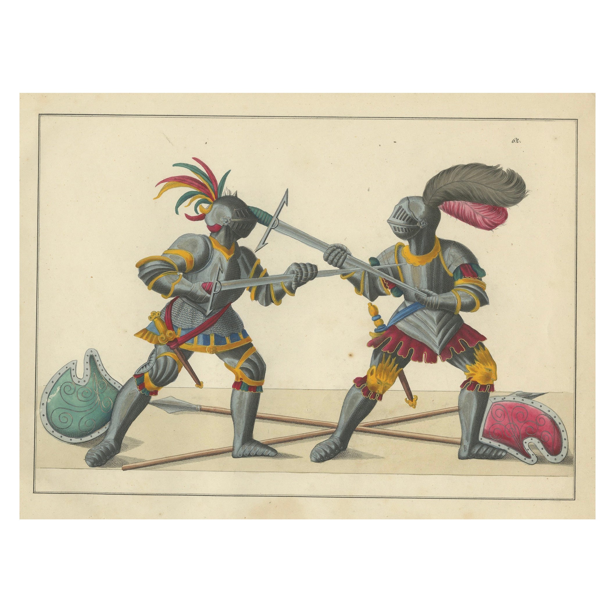 19th-Century Hand-Coloured Lithograph of Armoured Knights in Battle ...