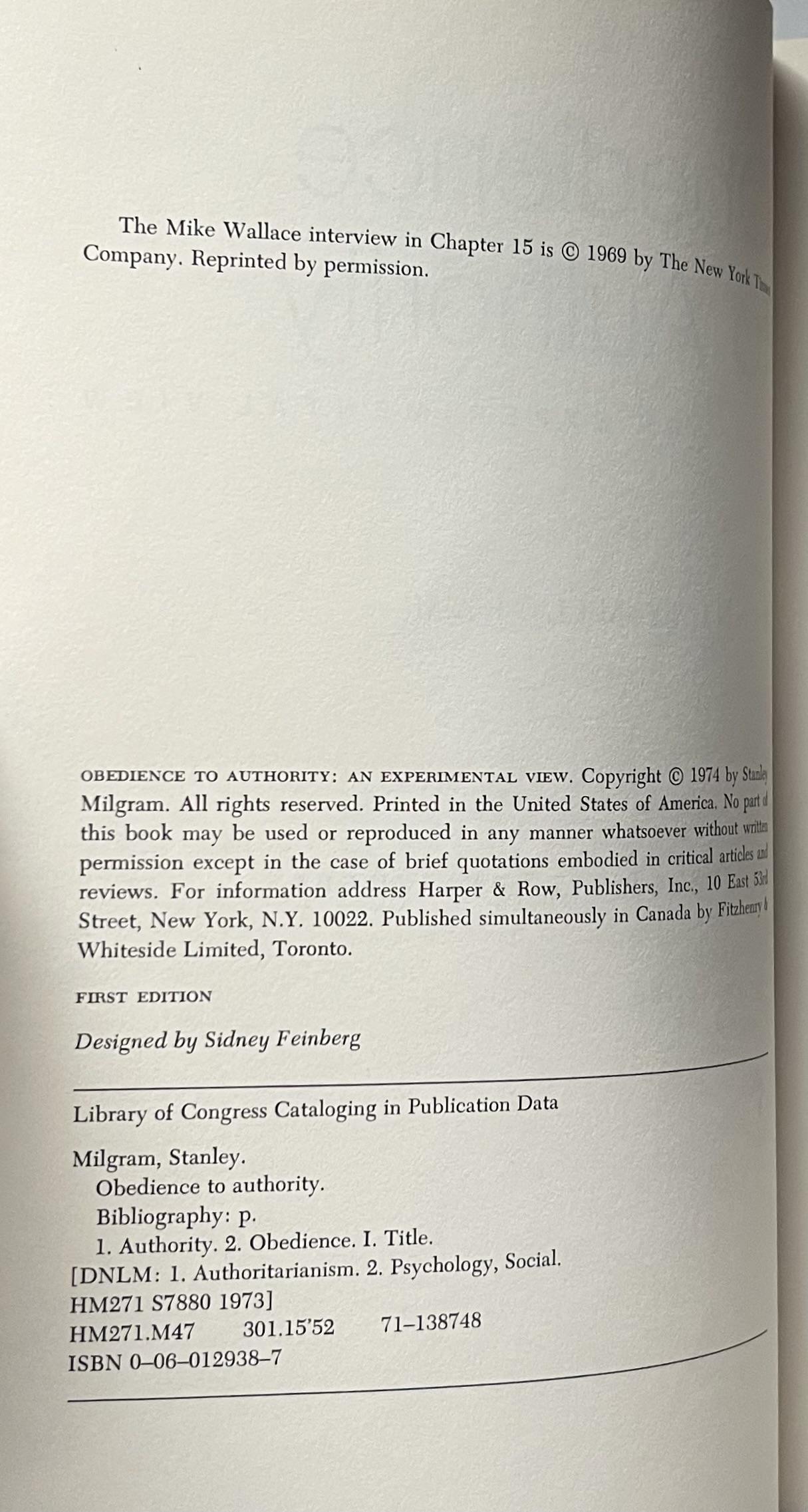 Obedience To Authority by Stanley Milgram: Near Fine Hardcover (1974 ...