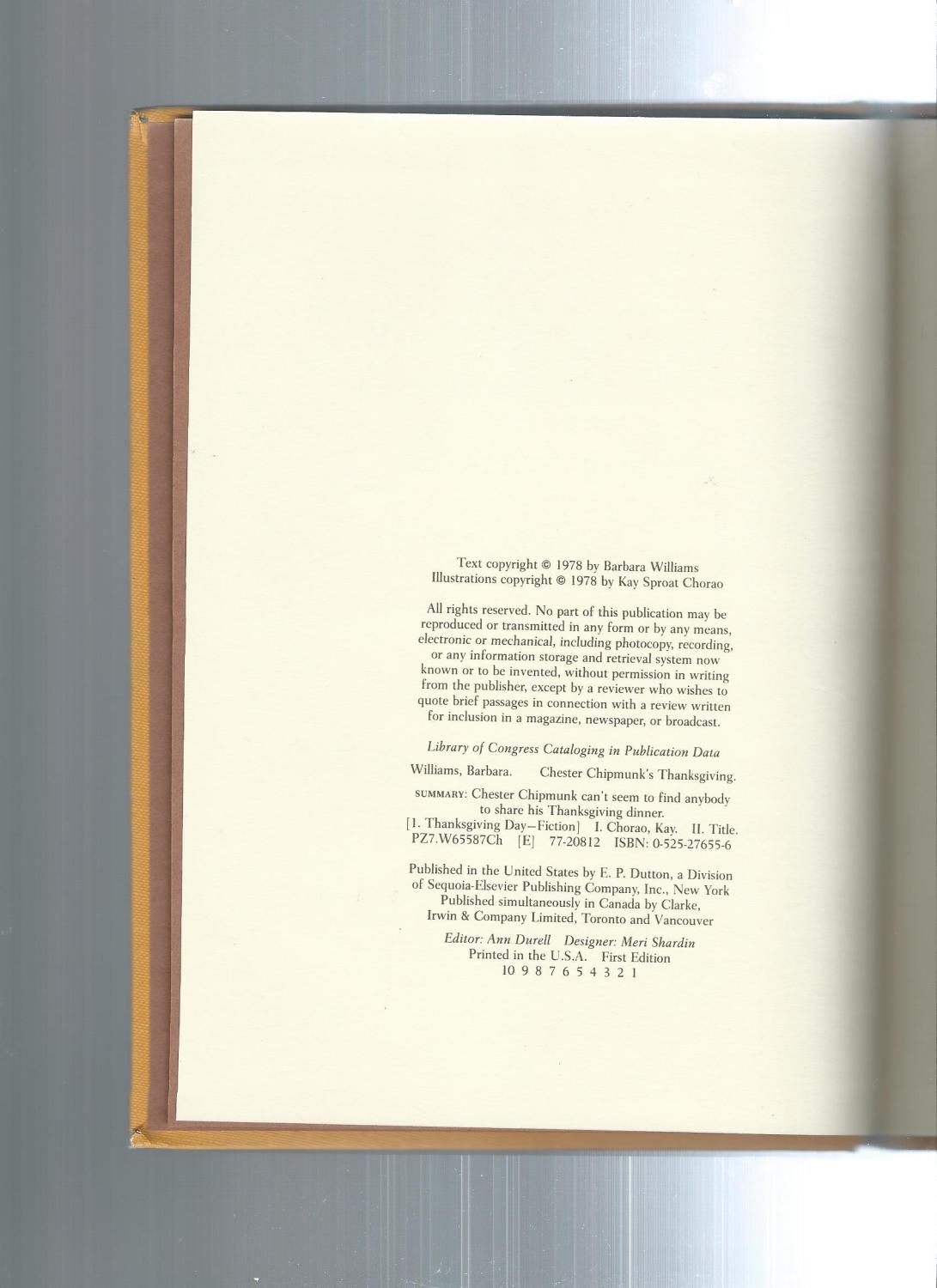 Chester Chipmunk's Thanksgiving by Chorao, Kay (illustrator) / Williams ...