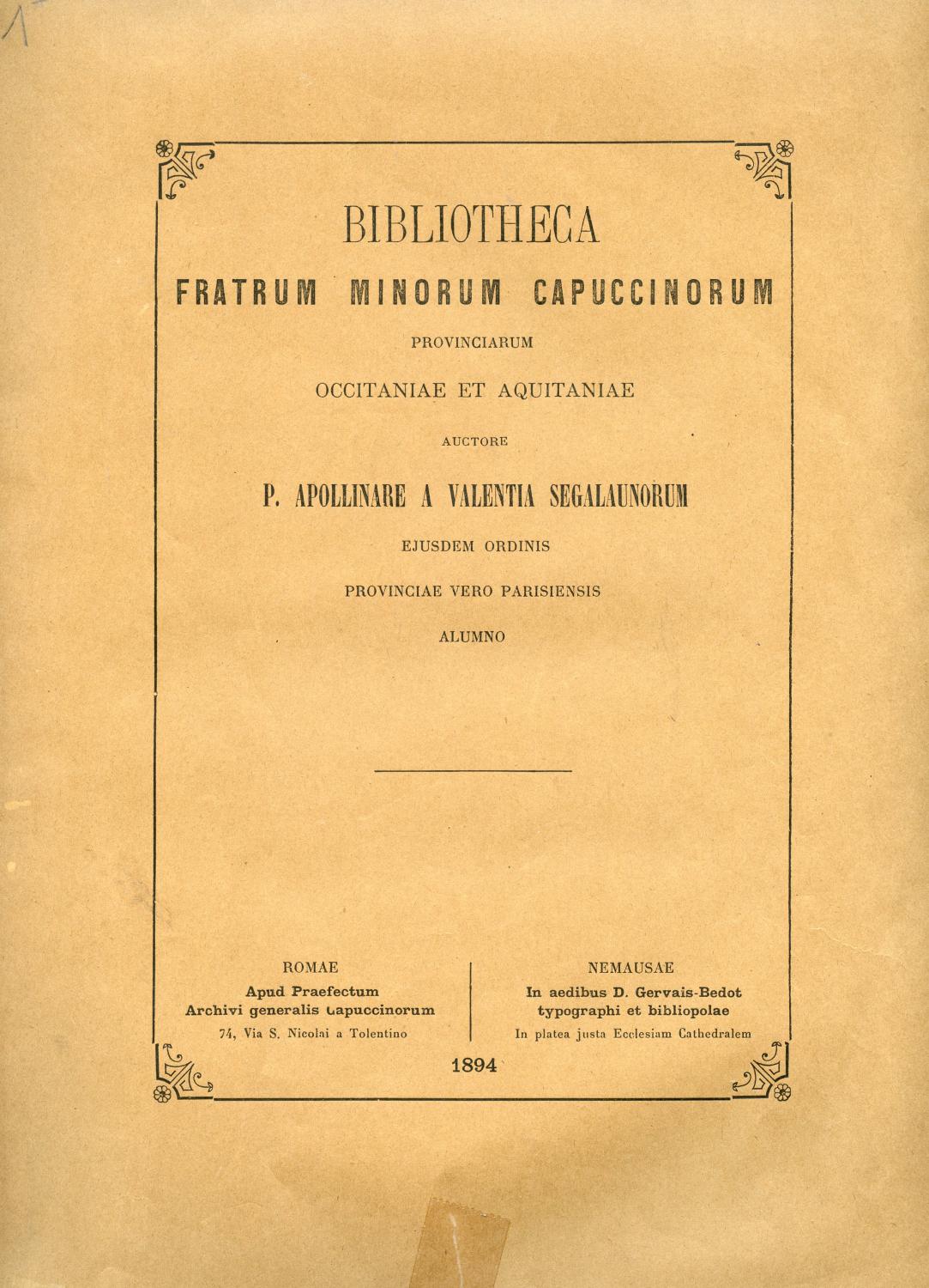BIBLIOTHECA FRATRUM MINORUM CAPUCCINORUM PROVINCIARUM OCCITANIAE ET ...