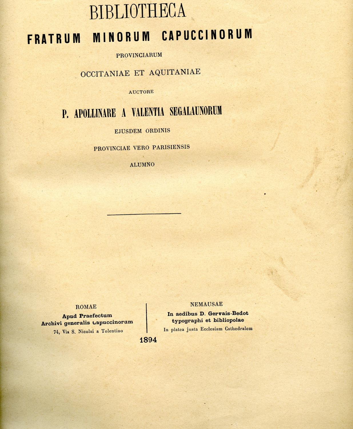 BIBLIOTHECA FRATRUM MINORUM CAPUCCINORUM PROVINCIARUM OCCITANIAE ET ...