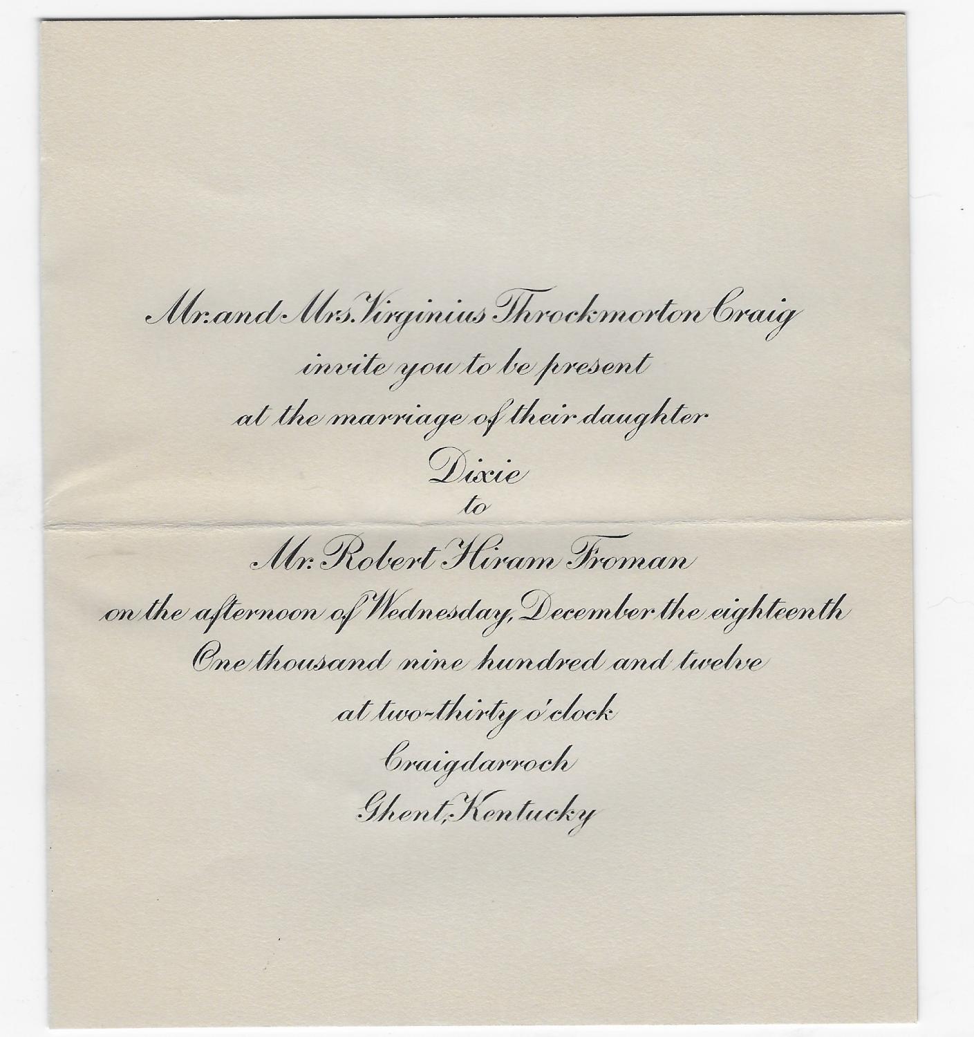Wedding Invitation, Virginius T. Craig Family, Robert H. Froman, Plus ...