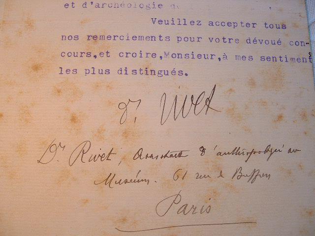 Dr Paul Rivet. Lettre du Muséum d'Histoire Naturelle. by Rivet Paul ...
