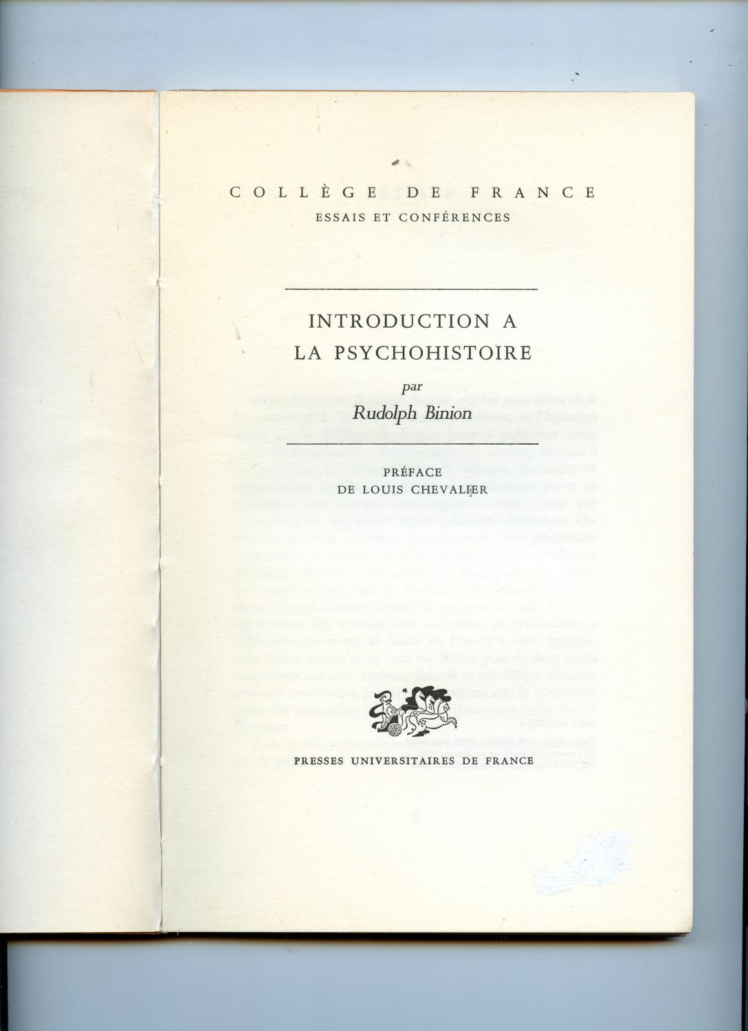 INTRODUCTION A LA PSYCHOHISTOIRE. von BINION (Rudolph): Très bon ...