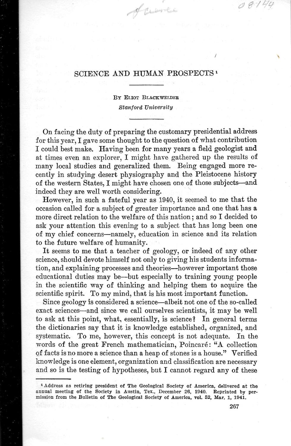 SCIENCE AND HUMAN PROSPECTS. by Blackwelder, Eliot.: Magazine ...