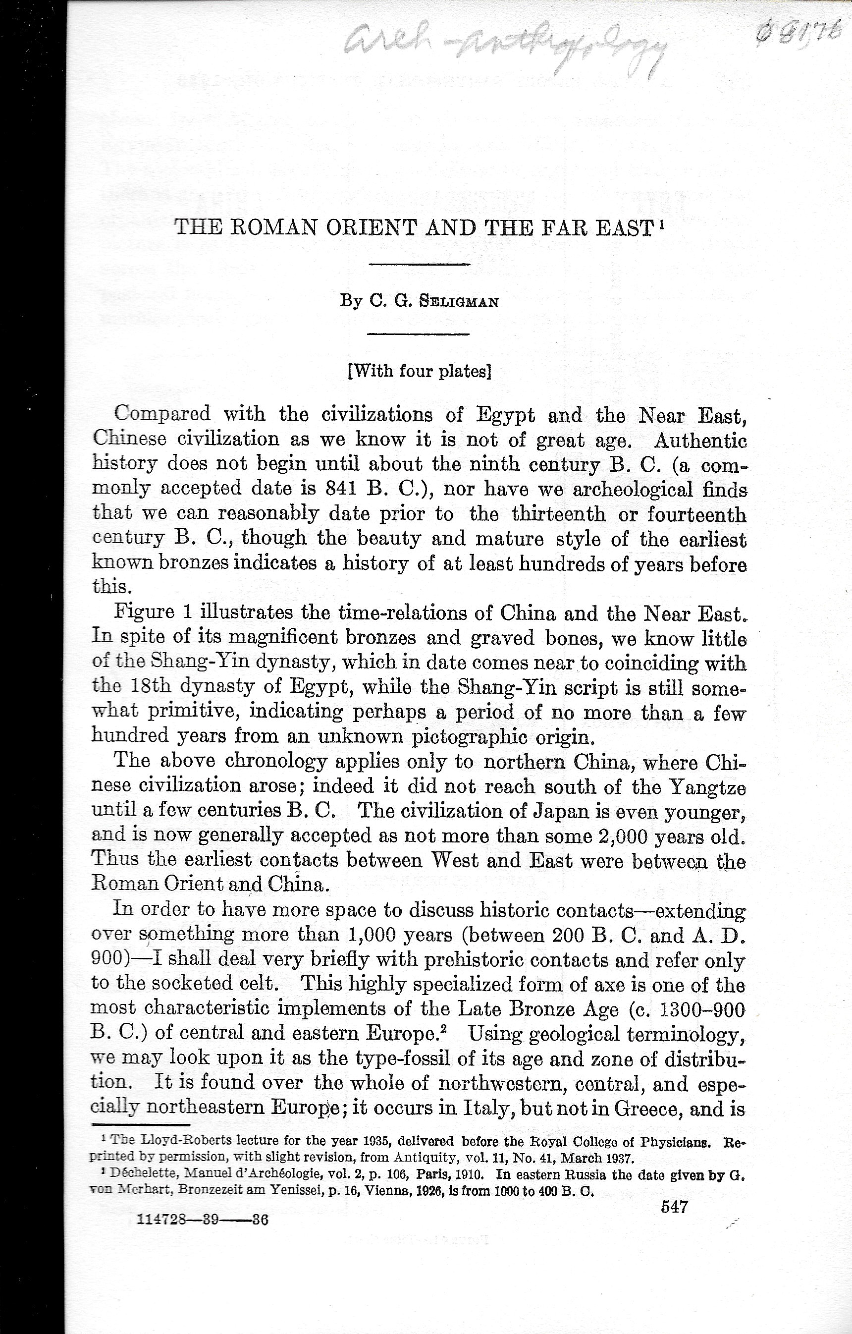 THE ROMAN ORIENT AND THE FAR EAST. by Seligman, C. G.: Magazine ...