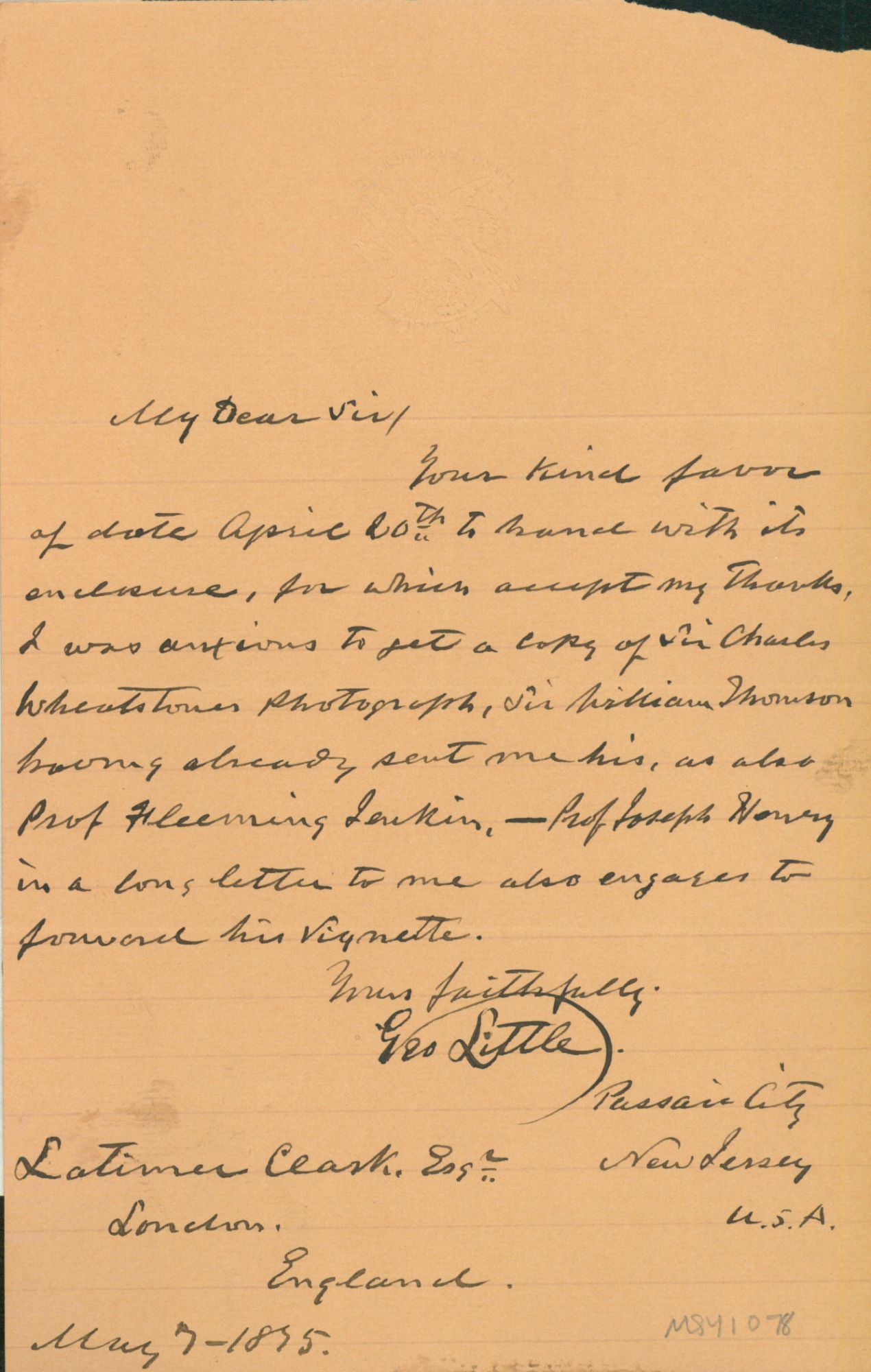 Autograph letter signed to Latimer Clark by Little, George: (1875 ...