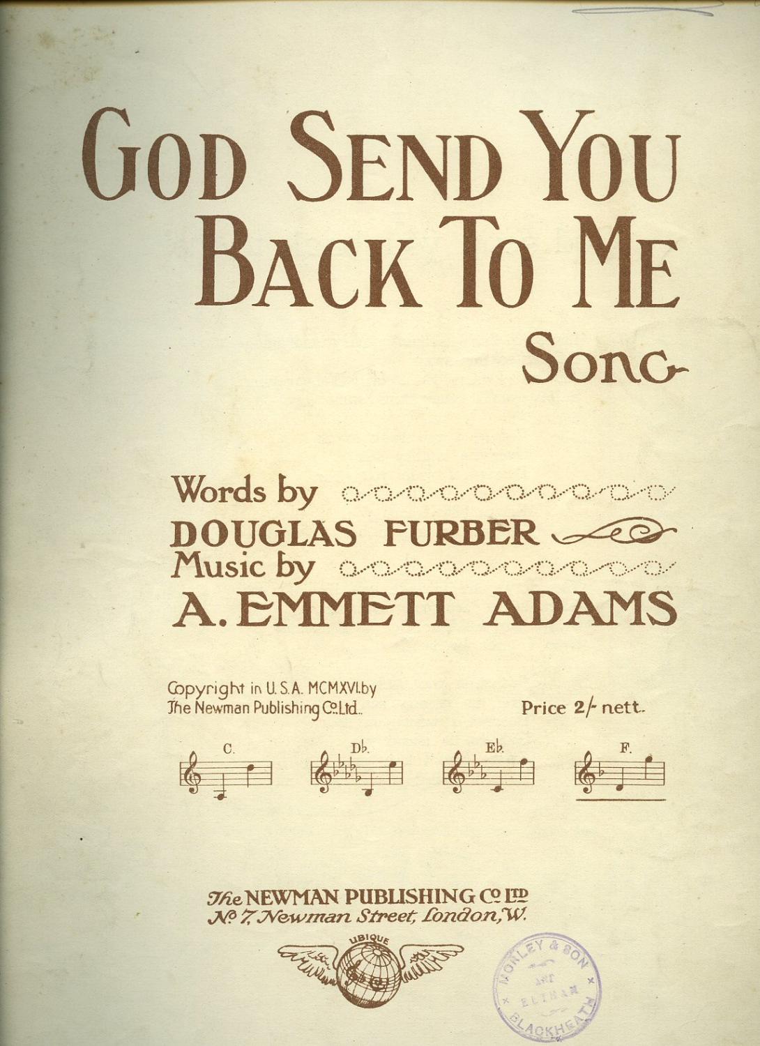 God Send You Back To Me. Song in F Major [Vintage Piano Sheet Music] by ...