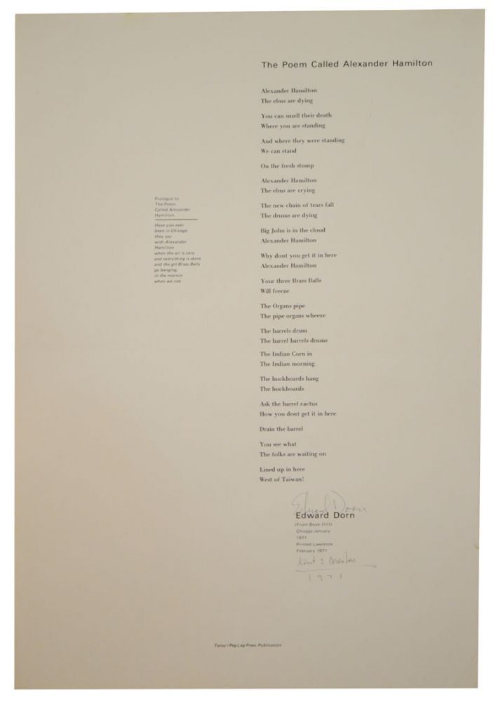 The Poem Called Alexander Hamilton (Signed Broadside) by DORN, Edward ...