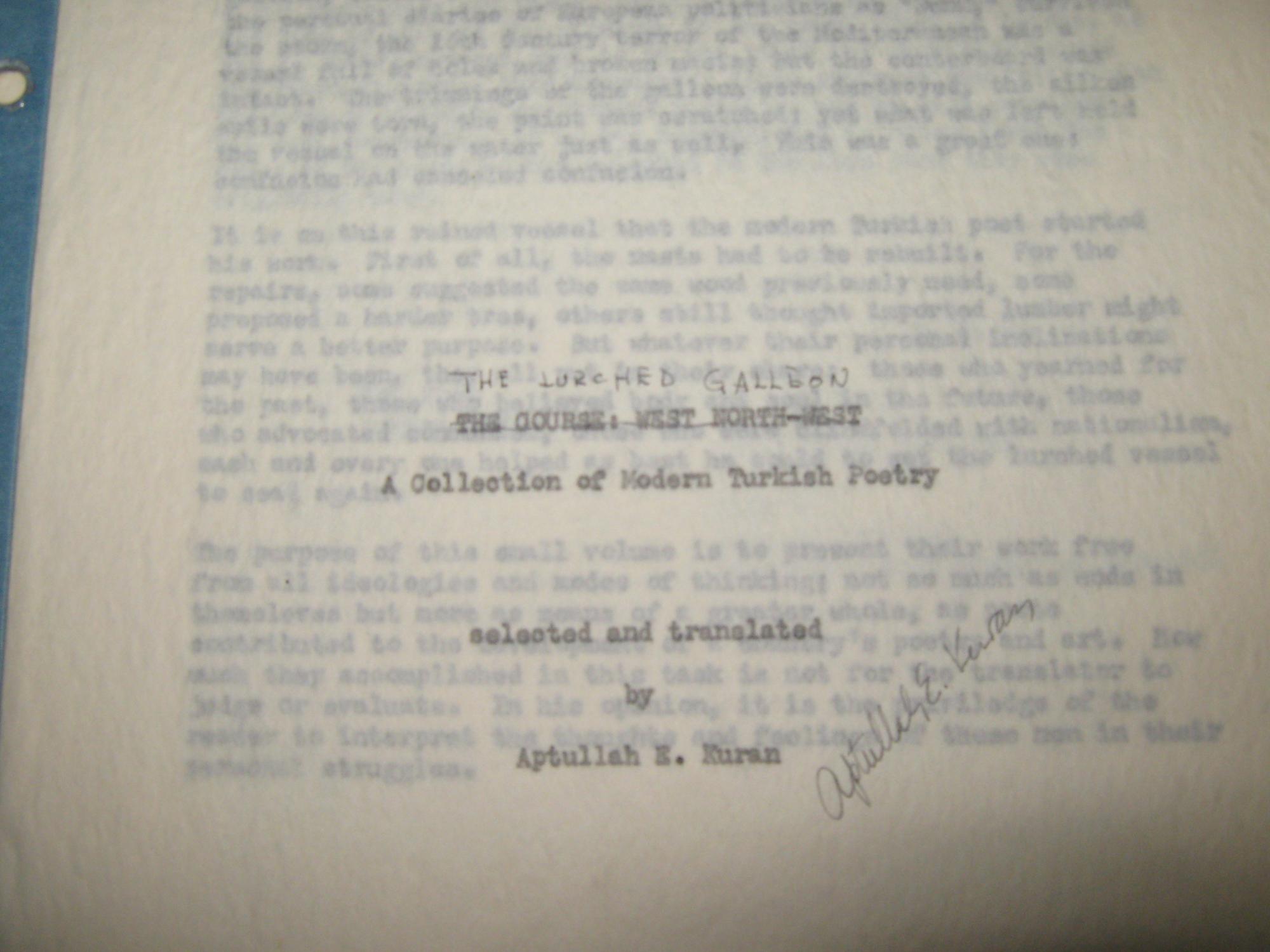 A Collection of Modern Turkish Poetry The Lurched Galleon or The Course ...