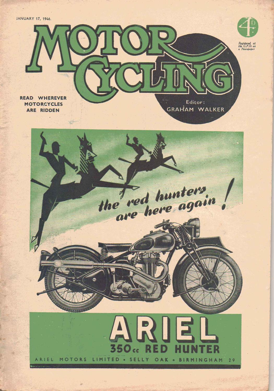 MOTOR CYCLING Magazine. January 17, 1946. Front cover: ARIEL Red Hunter ...