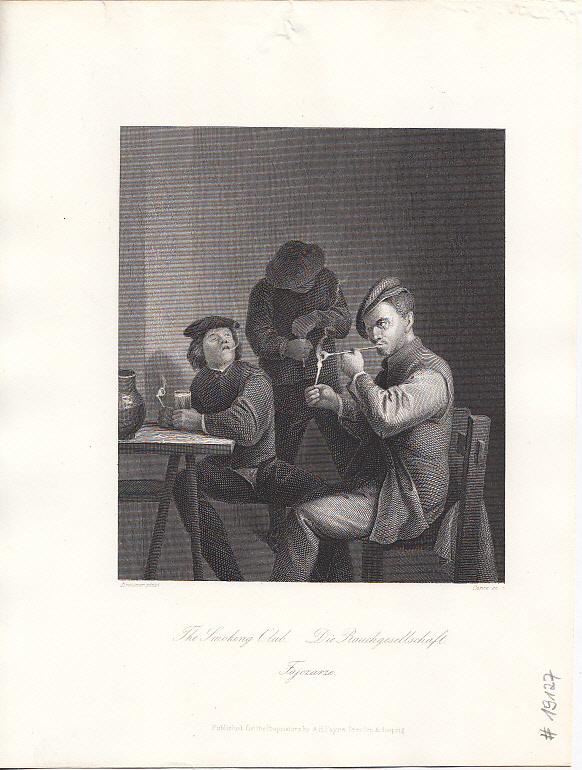 Raucher. Die Rauchgesellschaft. Pfeifenraucher. Stahlstich von Carse ...