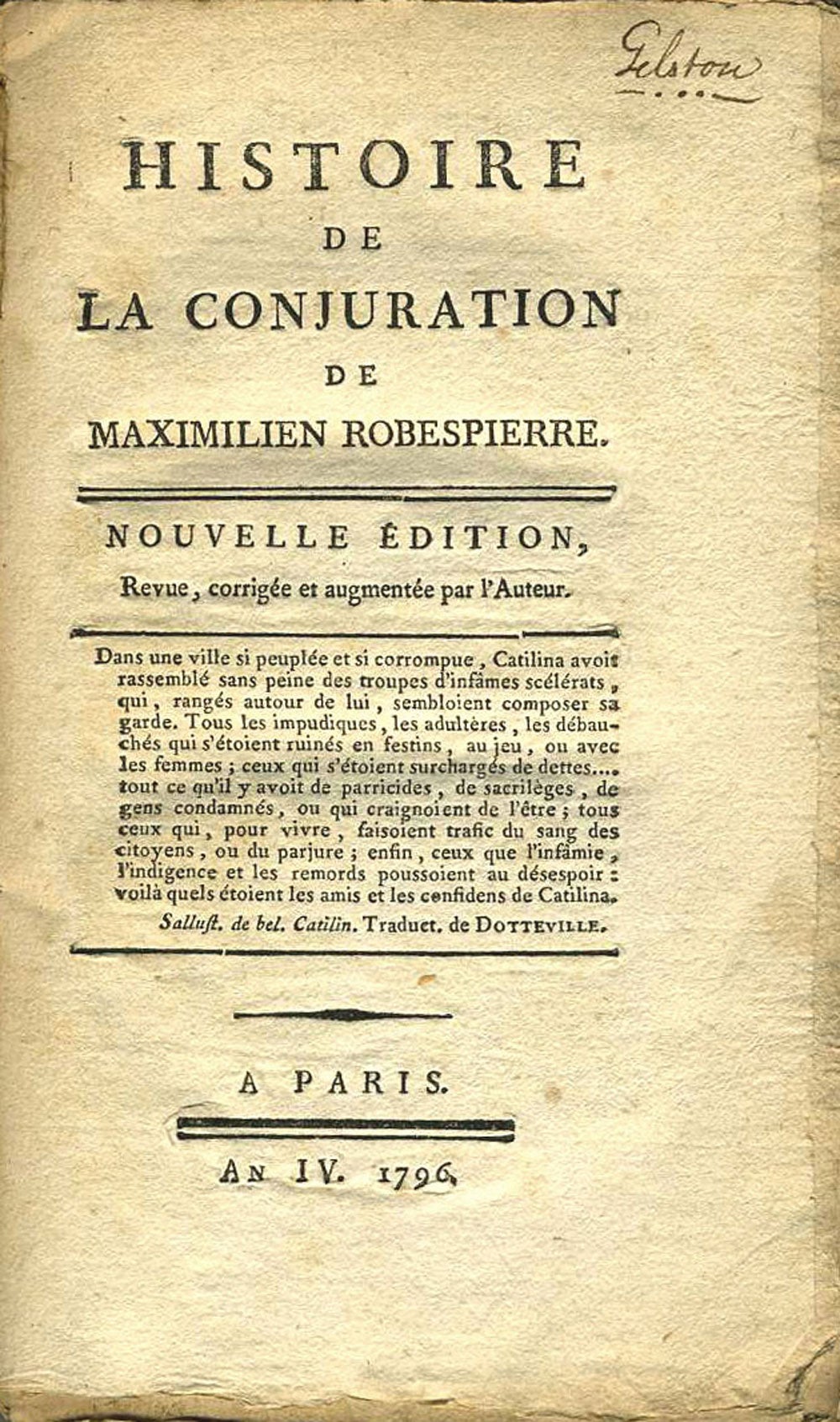 Histoire de la Conjuration de Maximilien Robespierre by Montjoye ...
