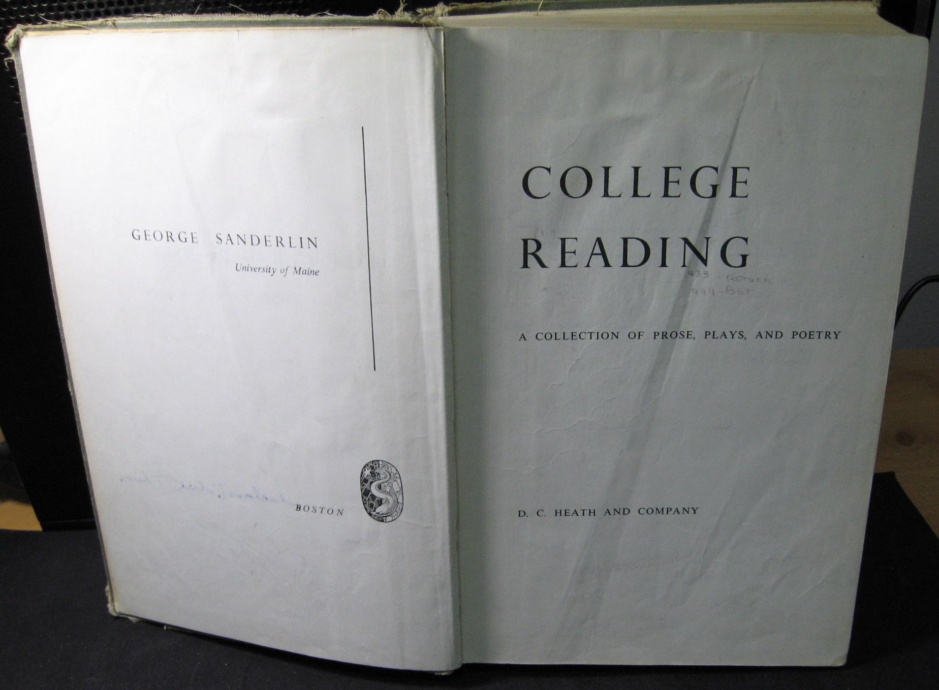 College Reading by Sanderlin, George: Fair Cloth (1953) First Edition ...