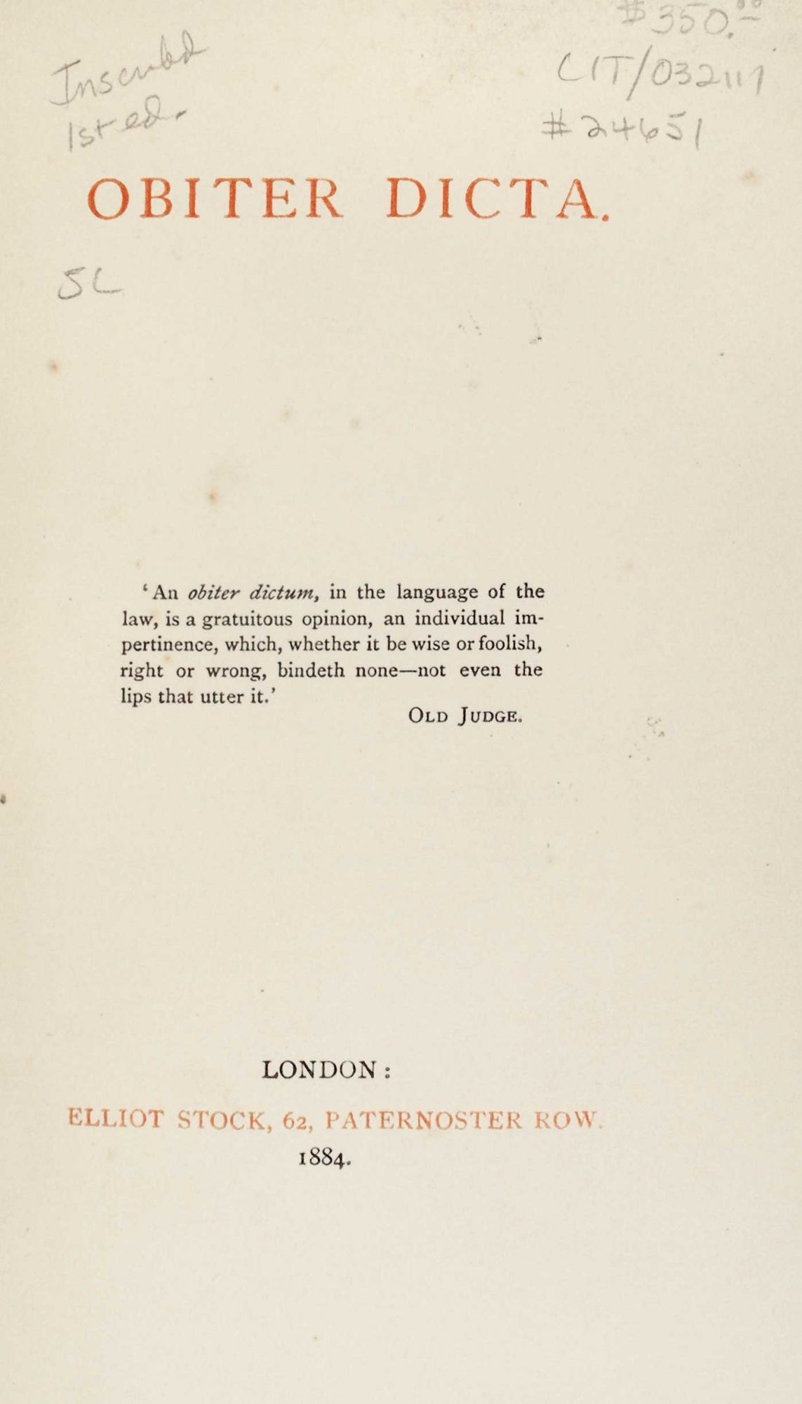 Obiter Dicta by Birrell, Augustine]: Very Good Hardcover (1884) Signed ...