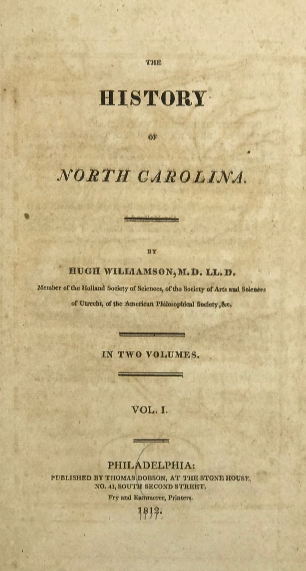 A History of North Carolina by WILLIAMSON, Hugh: (1812) | Bartleby's ...