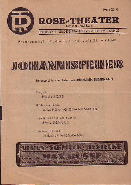 Programmheft zu: Johannisfeuer. Schauspiel in vier Akten. Regie: Paul ...