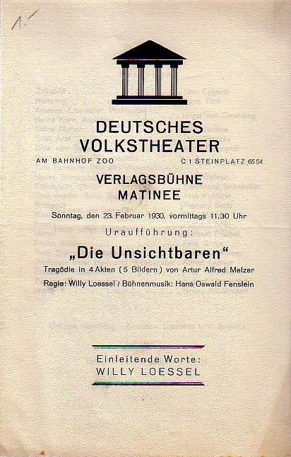 Programmzettel zu: Die Unsichtbaren. Tragödie in 4 Akten. Uraufführung ...