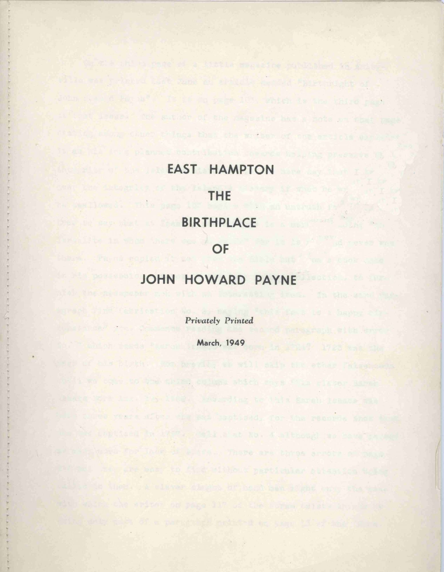 East Hampton, the Birthplace of John Howard Payne by Pennypacker ...