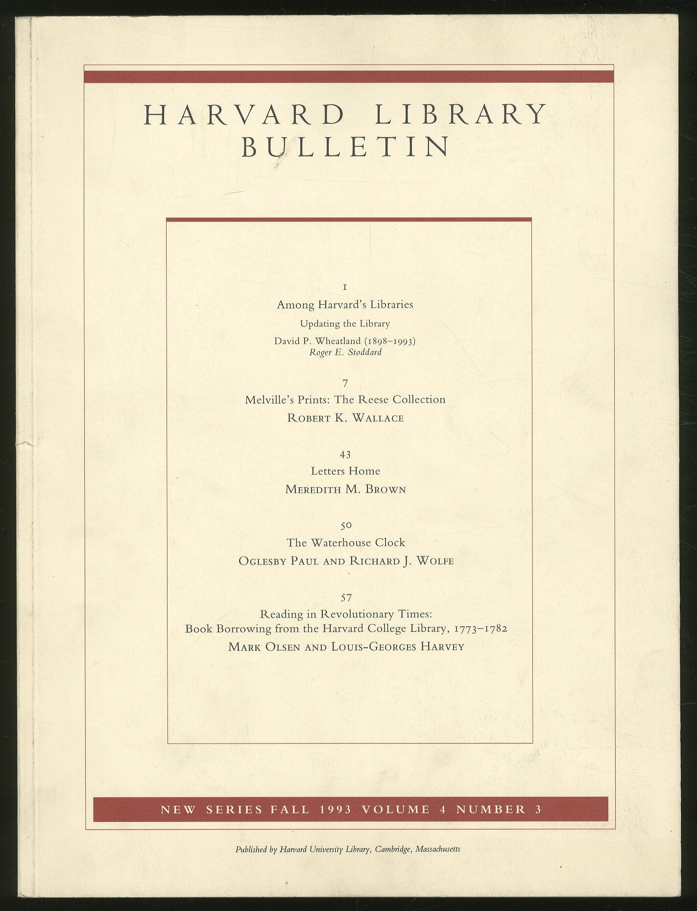 Harvard Library Bulletin: New Series, Fall 1993, Volume 4, Number 3 by ...