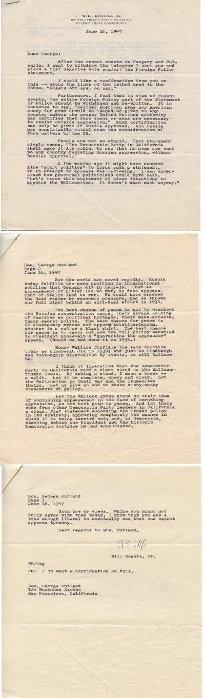 Will Rogers Jr. letter to George E. Outland on personal letterhead ...