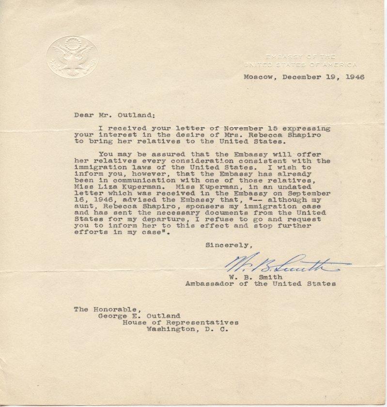 General Walter Bedell Smith letter to George E. Outland with an Embassy ...
