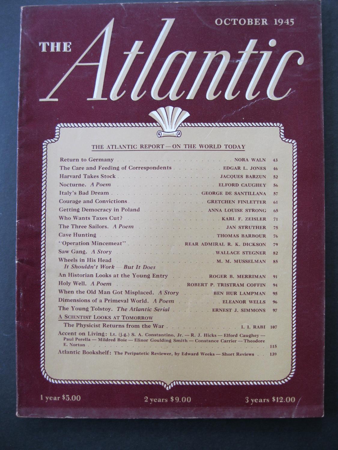 THE ATLANTIC - October, 1945 by Stegner, Wallace: Very Good Soft cover ...