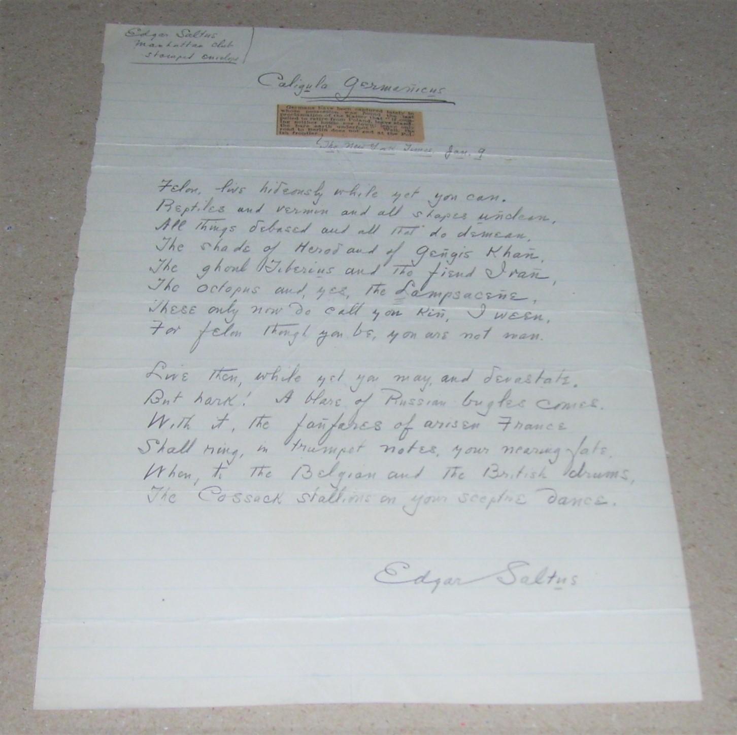 "Caligula Germanicus". Autograph Manuscript Poem by Saltus, Edgar (1855 ...