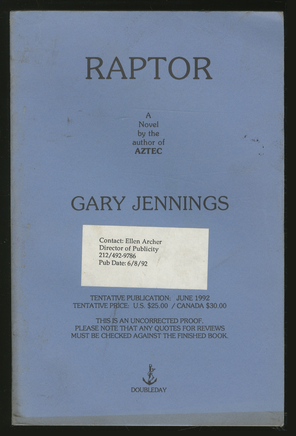 Raptor by JENNINGS, Gary: Very Good Softcover (1992) | Between the ...
