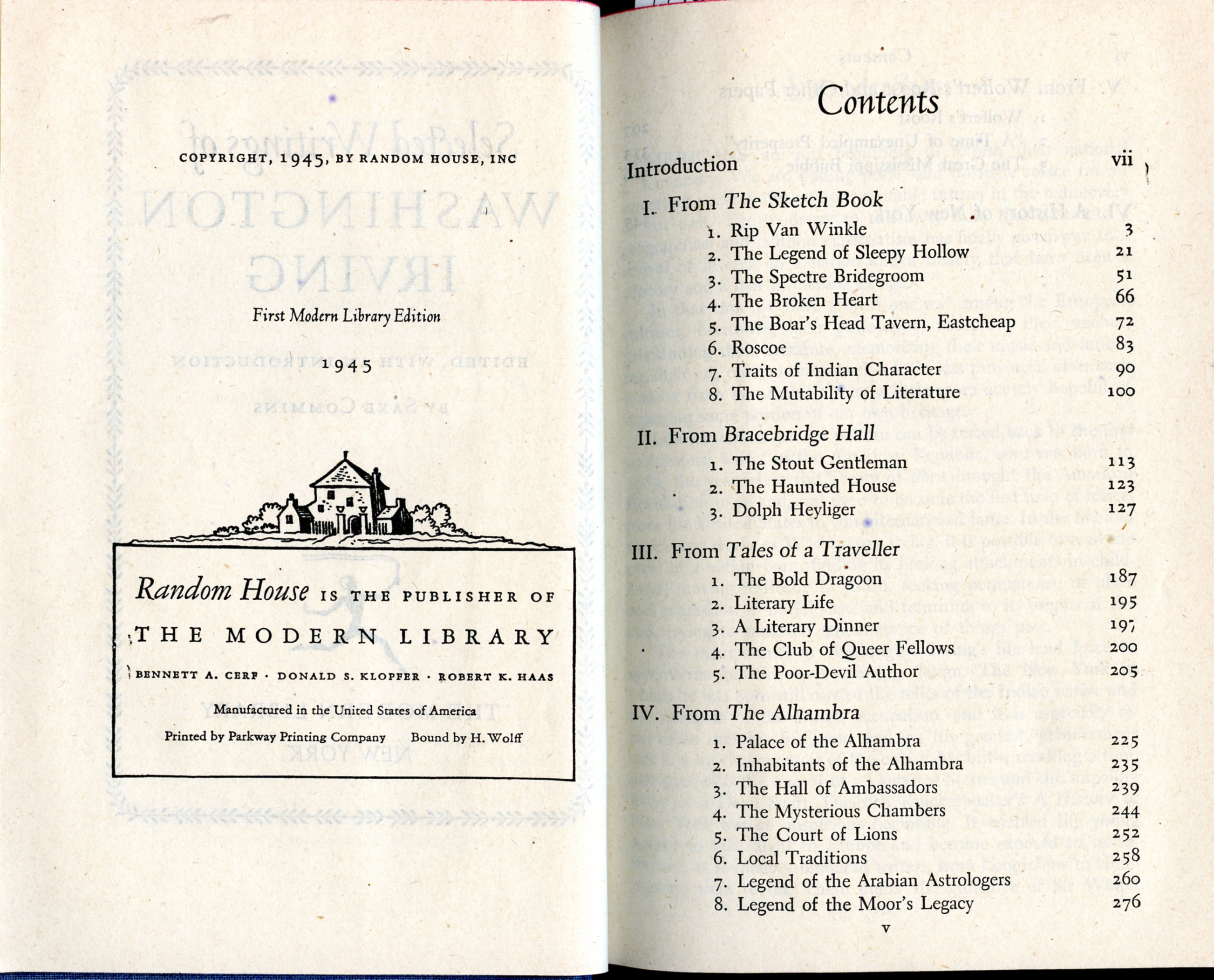SELECTED WRITINGS OF WASHINGTON IRVING: FIRST MODERN LIBRARY, ML# 240.1 ...