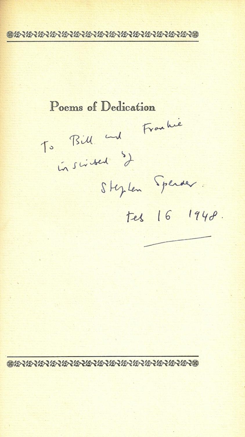 POEMS OF DEDICATION by SPENDER, Stephen: Hardcover (1947) First Edition ...