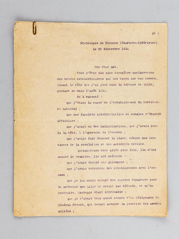 Importante Lettre signée du Général Percin datée du 25 septembre 1914 ...