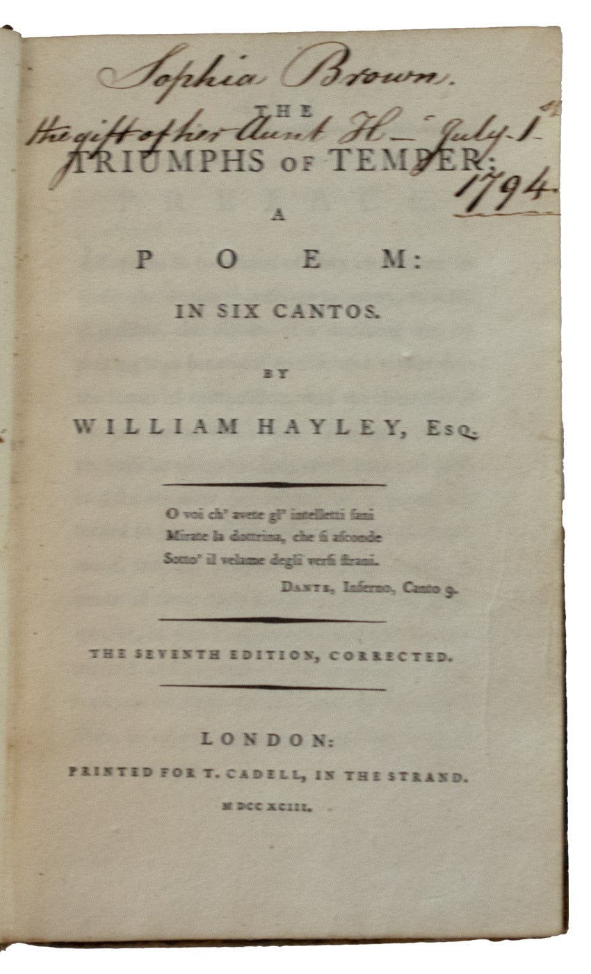 The Triumphs of Temper; A Poem: In Six Cantos by HAYLEY, William ...