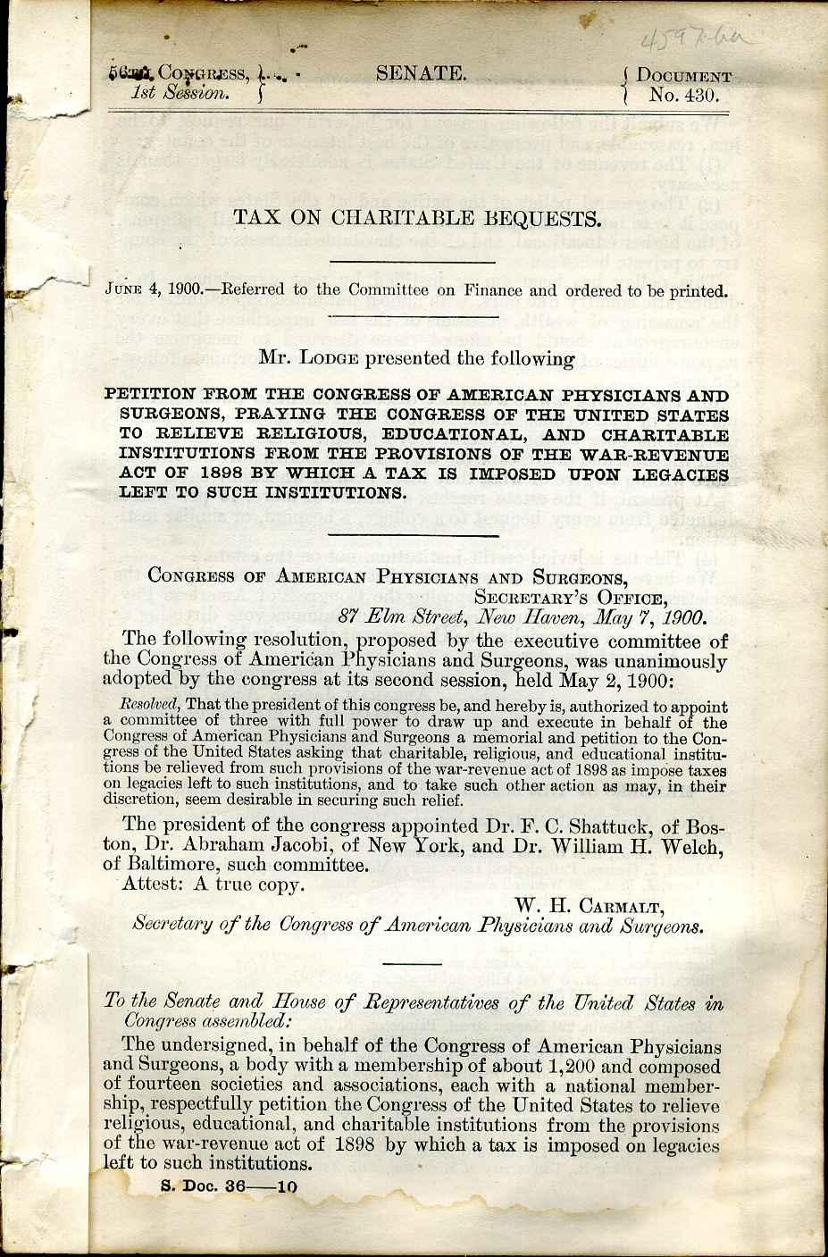 Tax on charitable bequests. Mr Lodge presenting the following petition ...