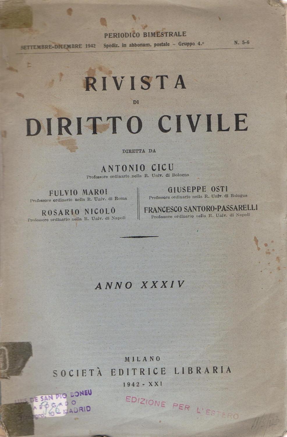 RIVISTA DI DIRITTO PRIVATO. Anno XII. 1942. - nº 1-2. 3, 4-5. Gen ...