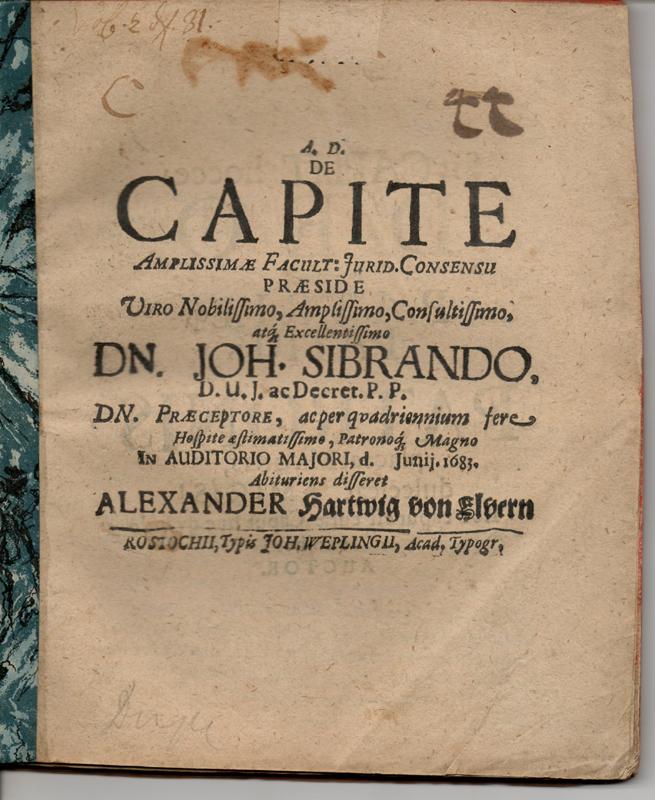 Juristische Disputation. De capite. par Elvern, Alexander Hartwig von ...