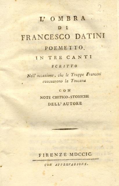 L'OMBRA DI FRANCESCO DATINI. Poemetto in tre canti scritto nell ...