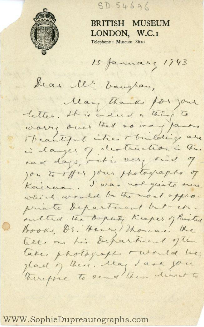 Autograph Letter Signed to Mr. Vaughan, (Sir Harold Idris, 1879-1967 ...