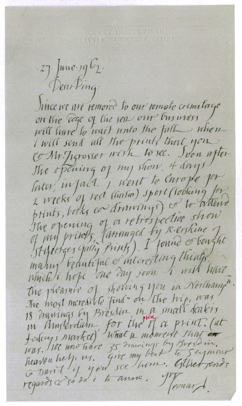 Autograph letter signed ("Leonard"). von Baskin, Leonard, American ...