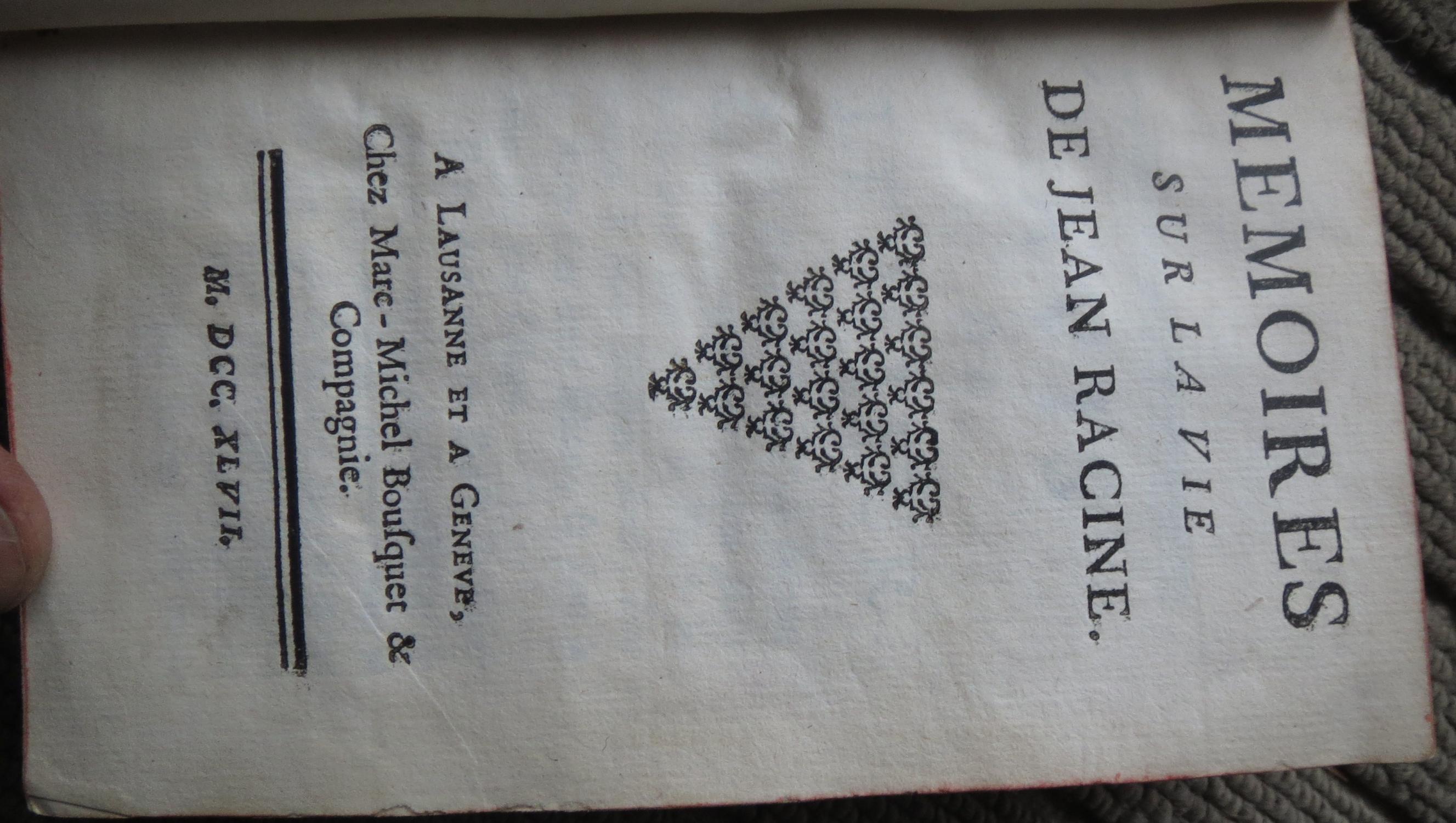 MÉMOIRES Sur La VIE De JEAN RACINE by RACINE, LOUIS.: BON ÉTAT+ VEAU ...