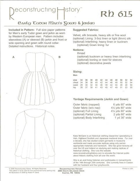 RH615: EARLY TUDOR (1500S) MEN'S GOWN AND JERKIN: Costume Pattern ...