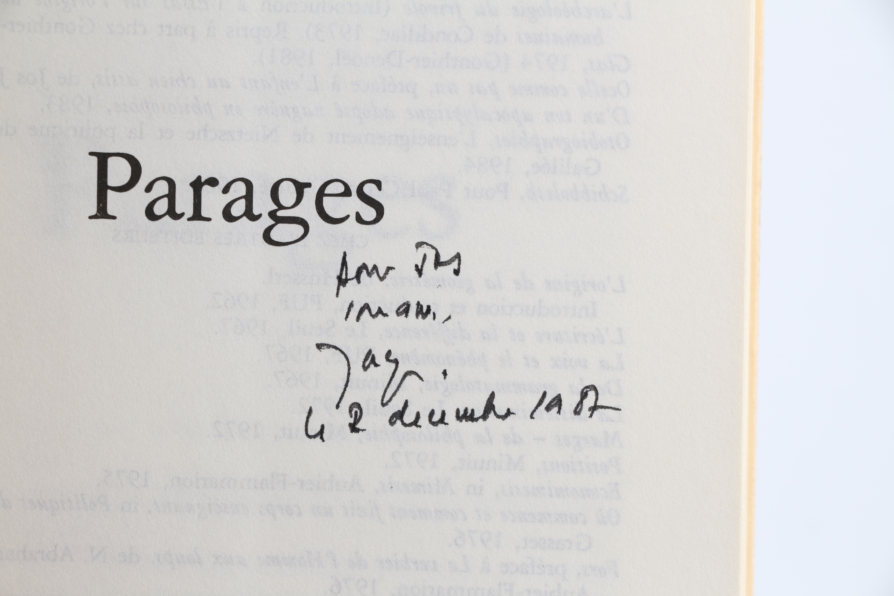 Parages by Jacques DERRIDA: couverture souple (1986) Signed by Author(s ...