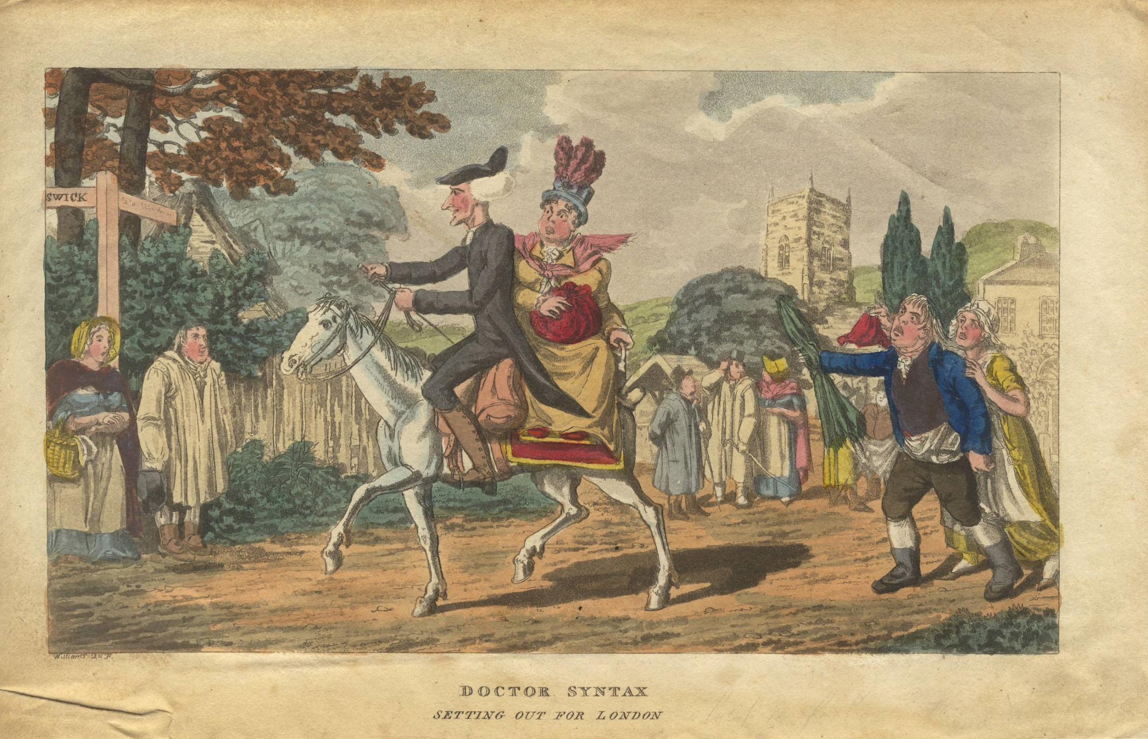 Doctor Syntax setting out for London. Hand-colored plate from: The tour ...