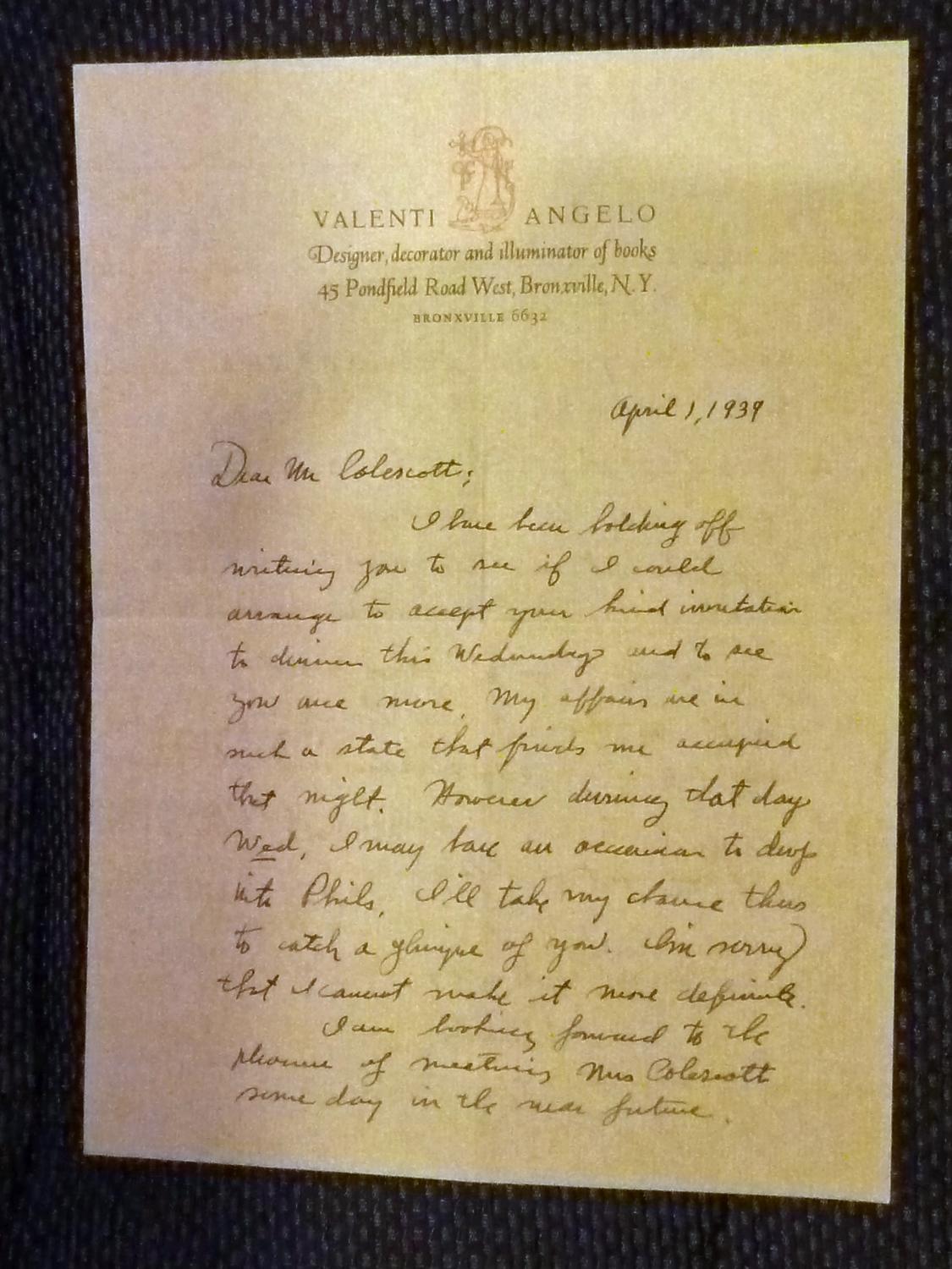 Letter. Original manuscript letter on Valenti's letterhead. by Angelo ...