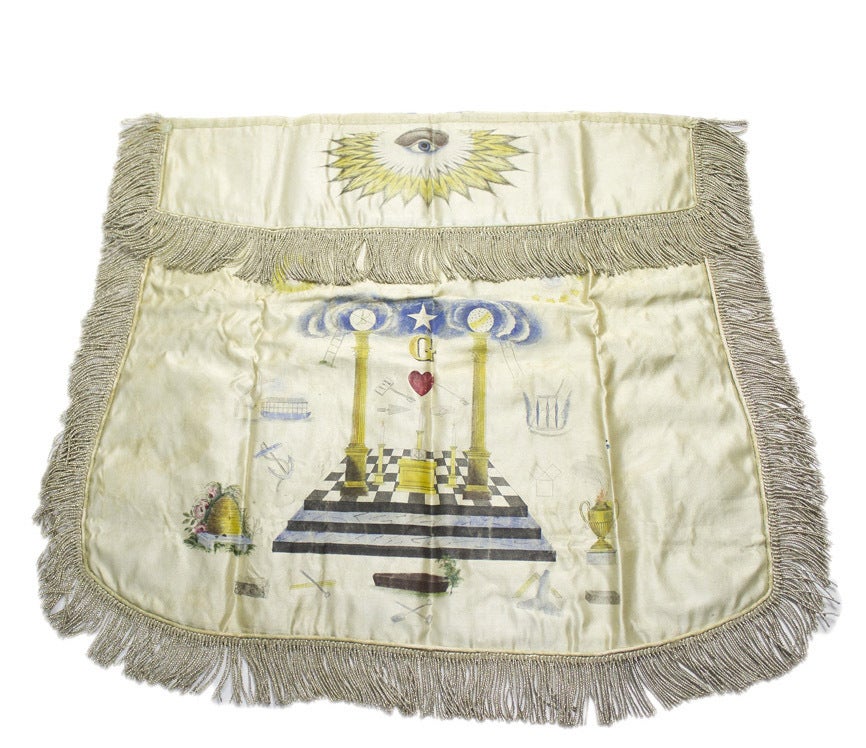 Masonic Apron Engraved and polychrome decorated on silk with silver ...