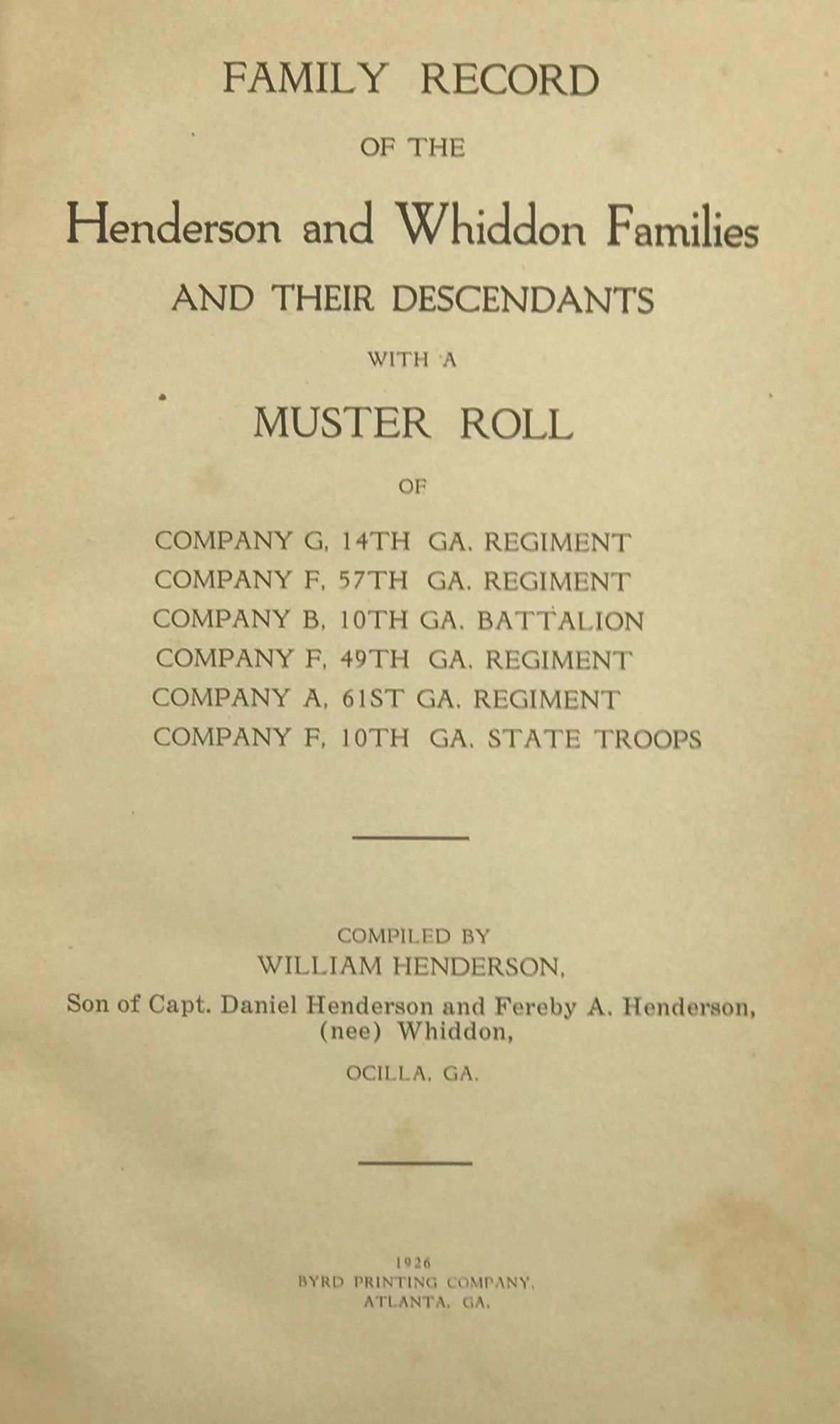 FAMILY RECORD OF THE HENDERSON AND WHIDDON FAMILIES AND THEIR ...